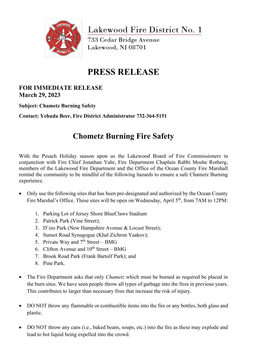 Press Release: Chometz Burning Fire Safety - Lakewood Fire Department